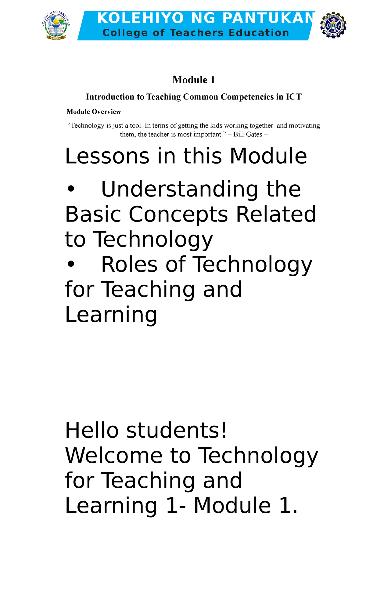 Teaching Common Competencies in ICT - Module 1 Overview and Lessons ...