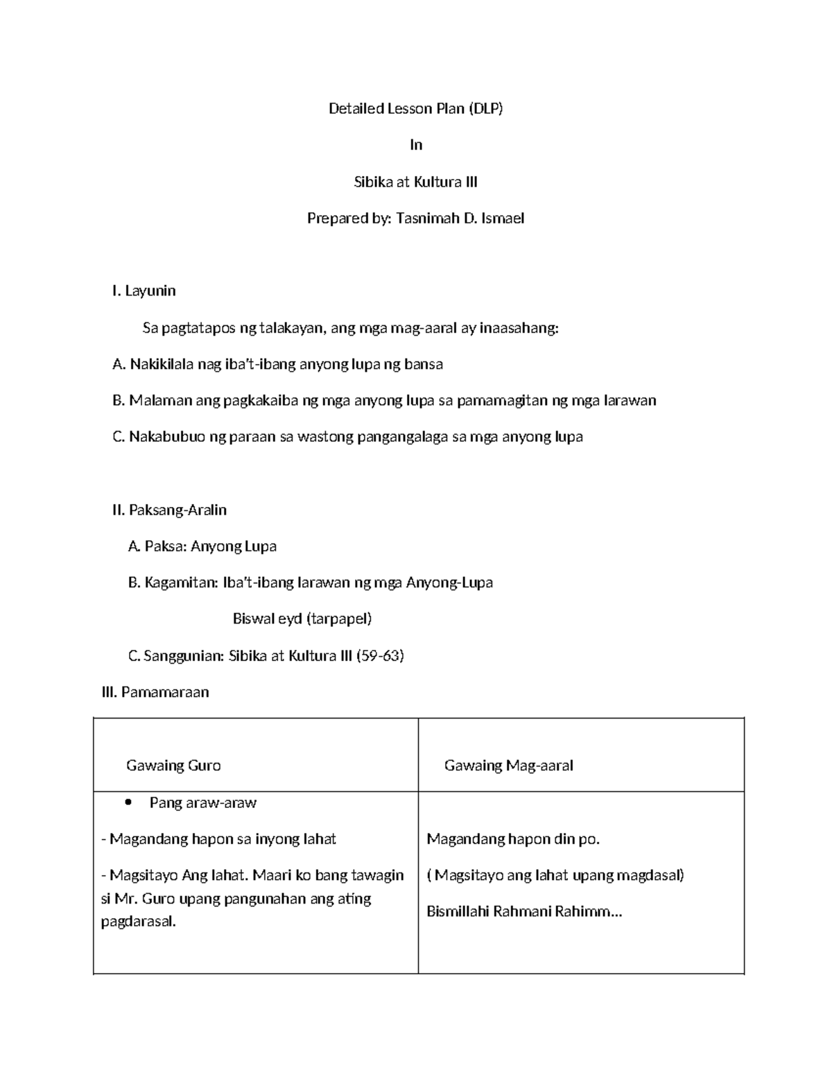 Detailed Lesson Plan (DLP) on Anyong Lupa - Sibika at Kultura III - Studocu