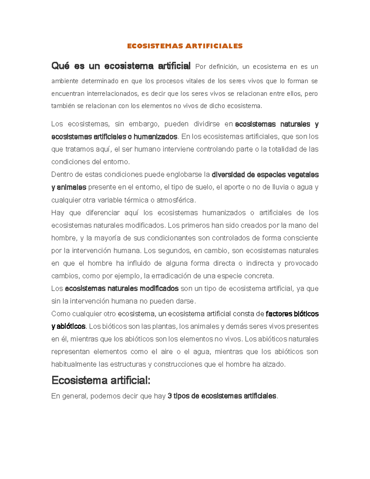 Ecosistemas Artificiales: Tipos y Características - Segundo Curso - Studocu