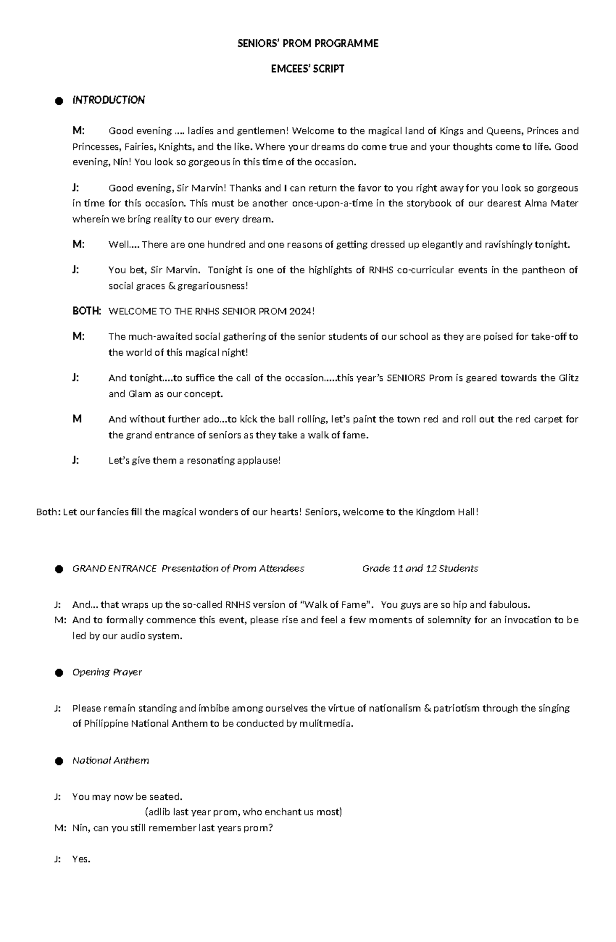 RNHS Senior Prom 2024 Emcees' Script and Programme Overview - Studocu