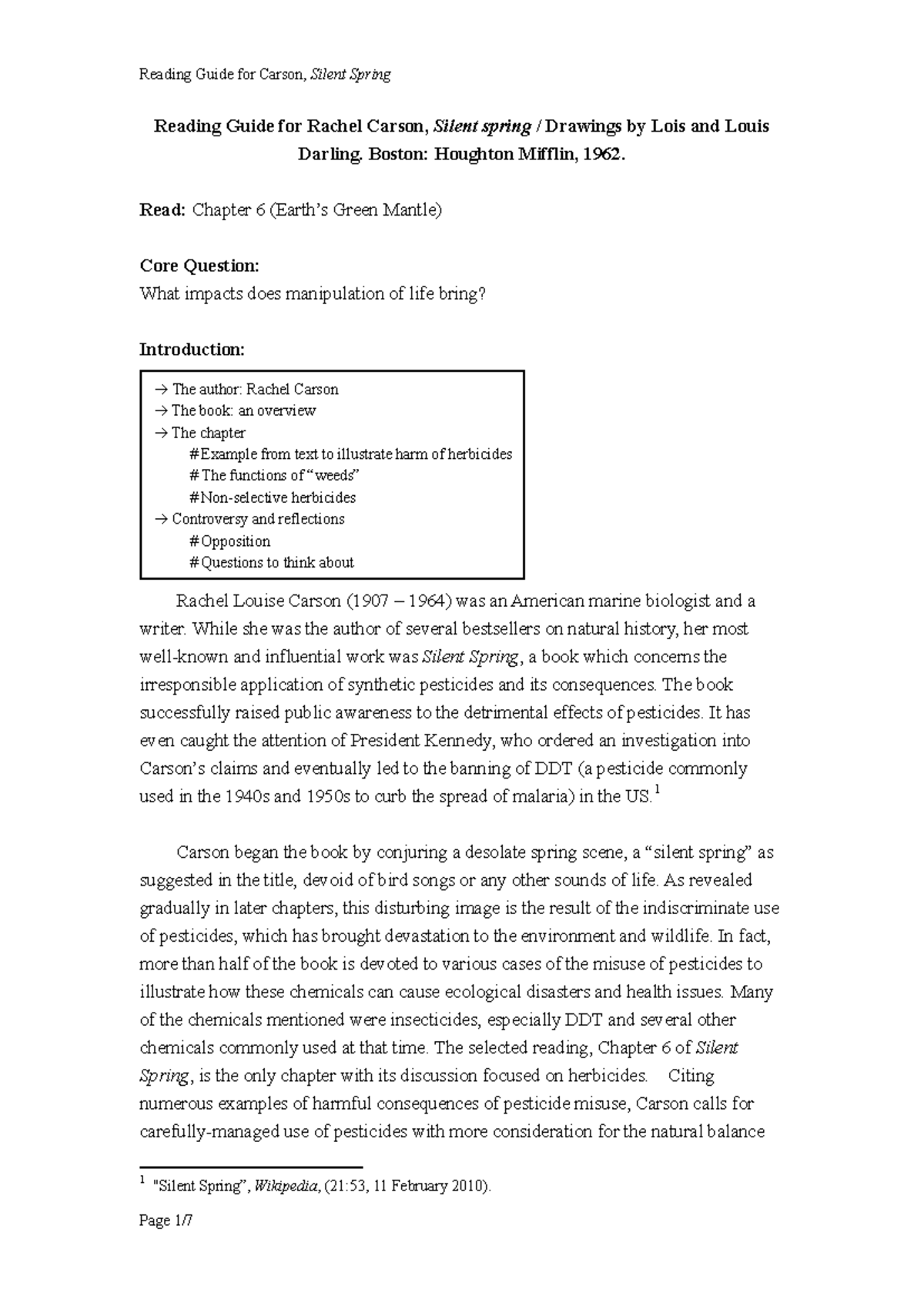 Reading Guide: Rachel Carson's Silent Spring, Chapter 6 Insights - Studocu