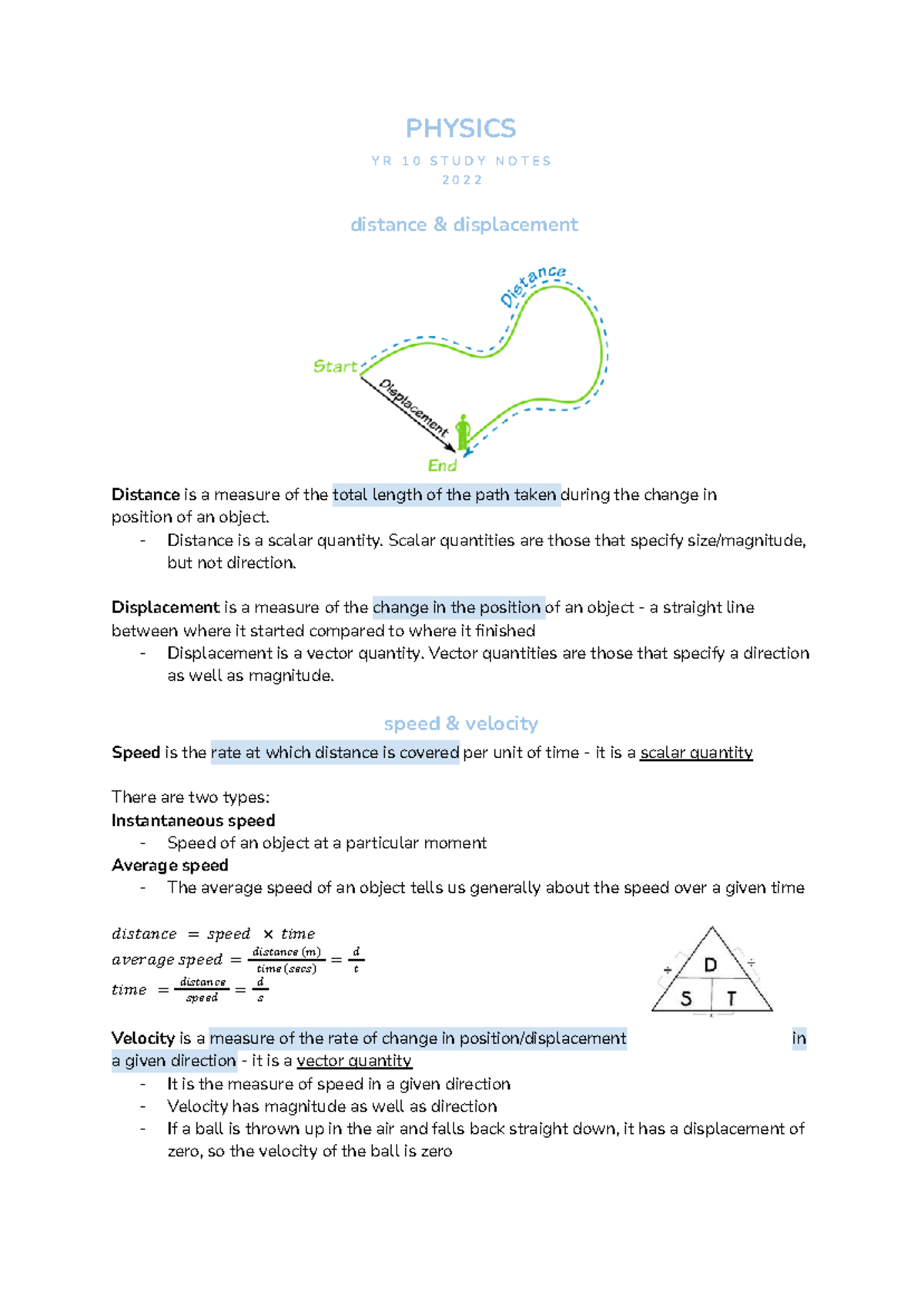 PHYSICS YR 10 STUDY NOTES: Distance, Displacement, Speed & Forces - Studocu