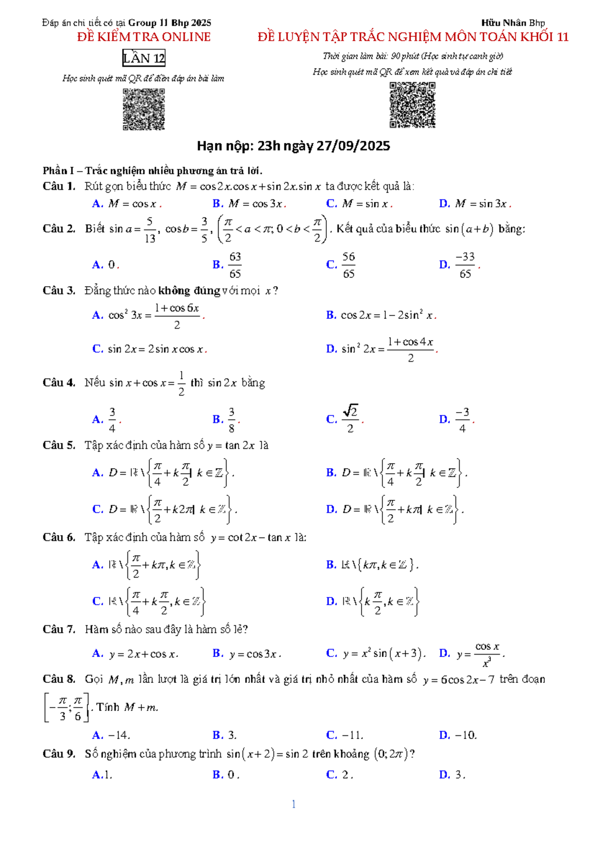 Đề Kiểm Tra Online Môn Toán Khối 11 Lần 12 - Nhóm 11 BHP 2025 - Studocu