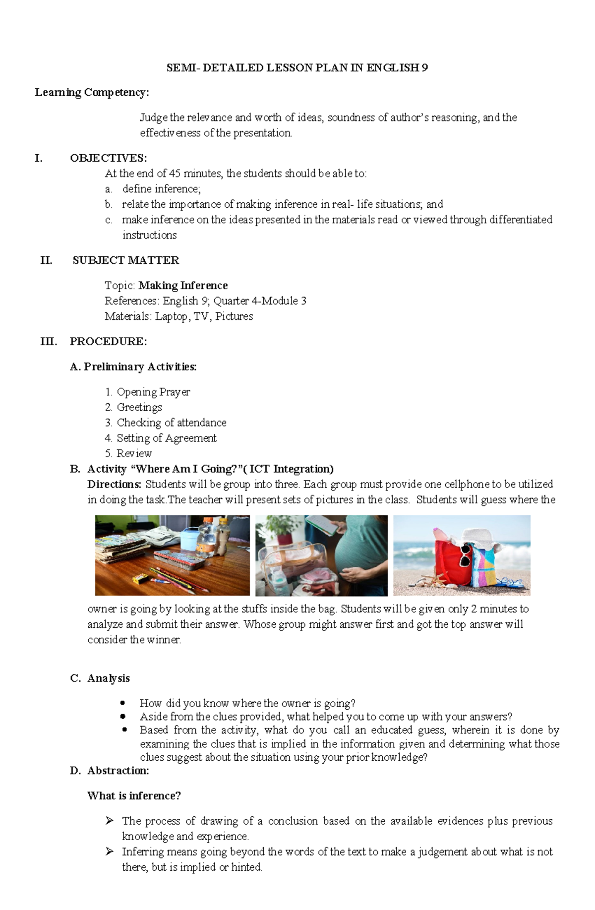 Making Inference Lesson Plan - English 9 (LP-9 W1) - Studocu