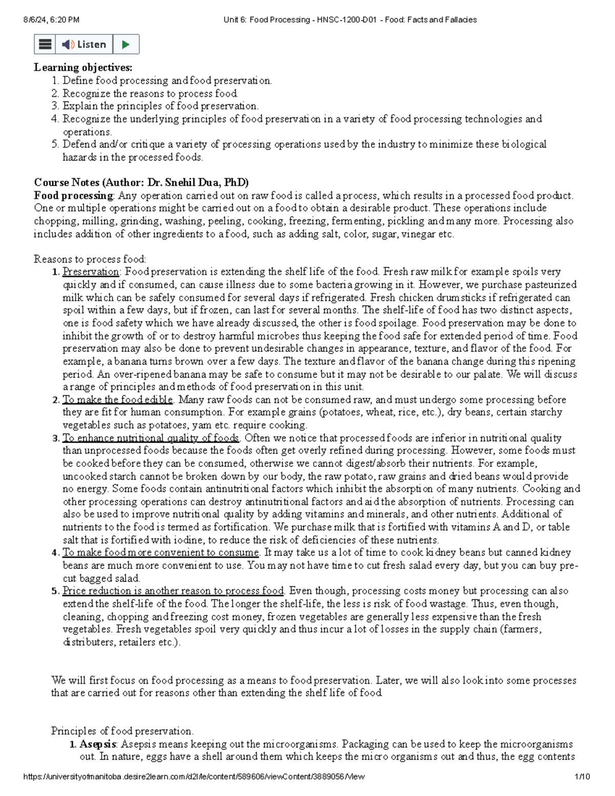Unit 6 Food Processing & Preservation Techniques - HNSC-1200-D01 - Studocu