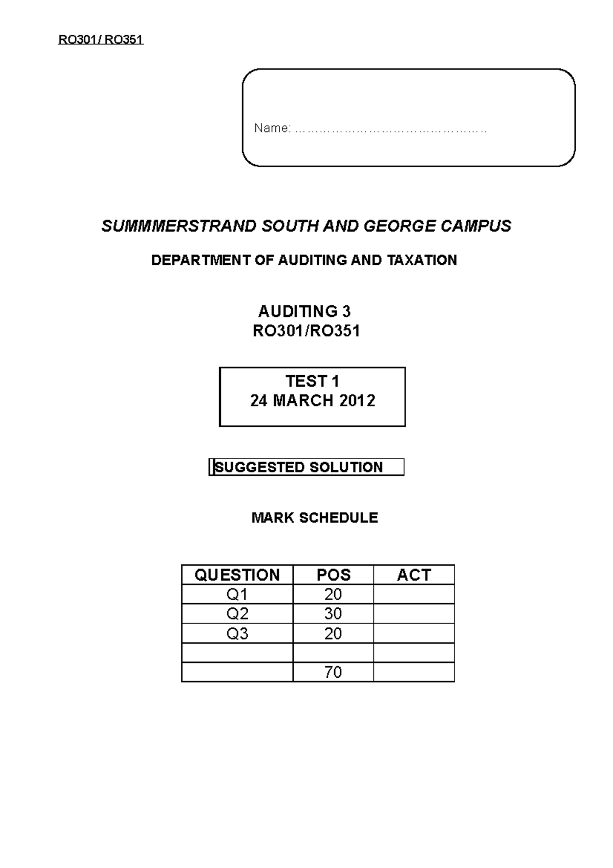 2012 - RO301 Test 1 Solutions - SUMMMERSTRAND SOUTH AND GEORGE CAMPUS ...