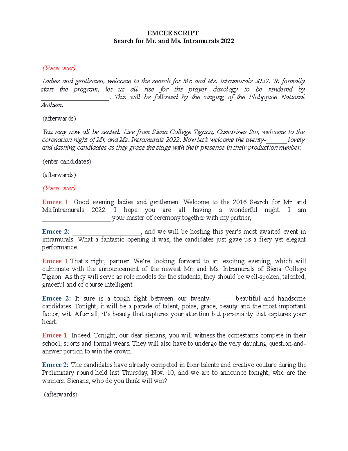 Emcee Script for School Pageant - EMCEE SCRIPT Search for Mr. and Ms. Intramurals 2022 (Voice ...