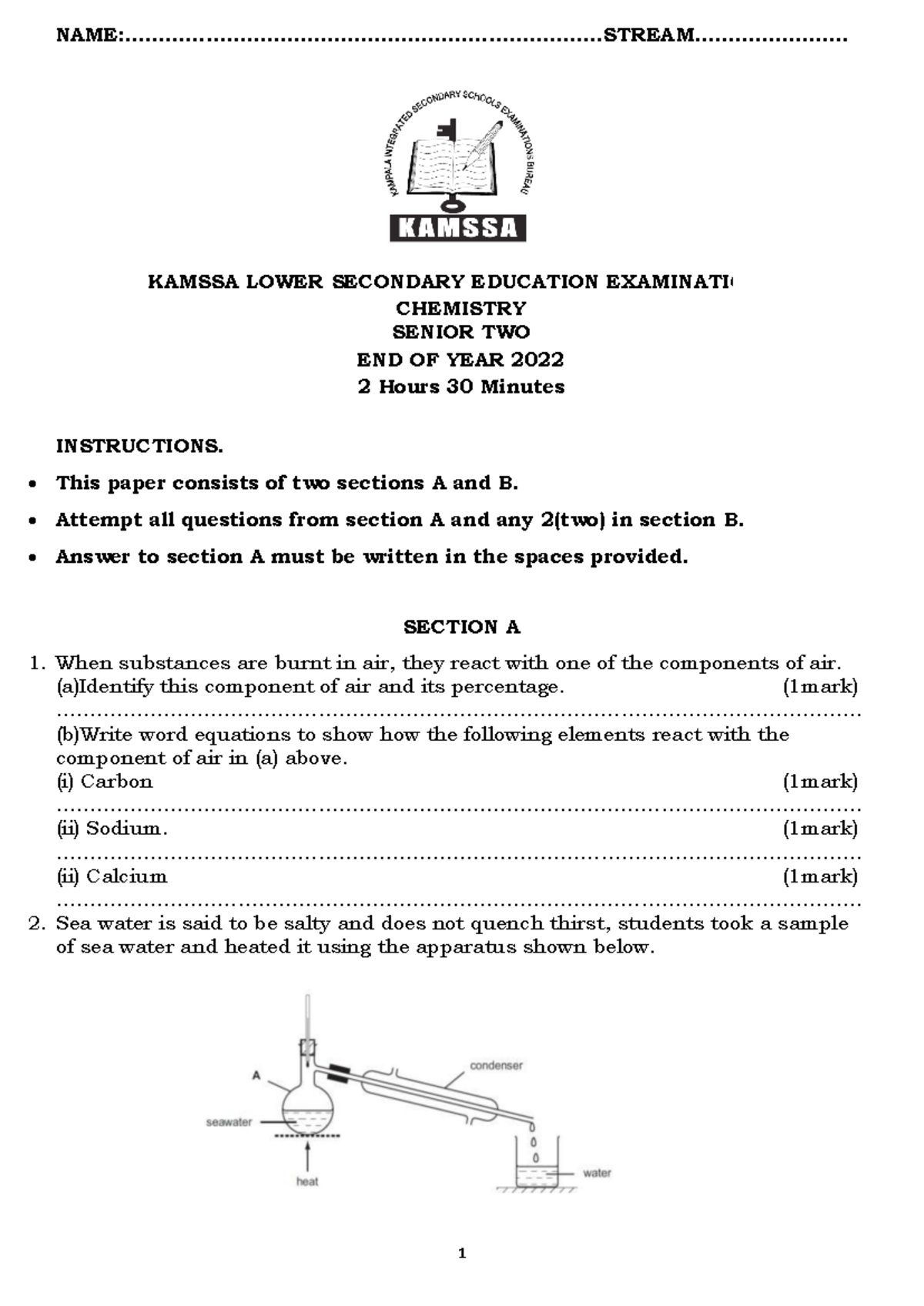 S2 Chemistry End of Year Exam - Kamssa Education 2022 - Studocu