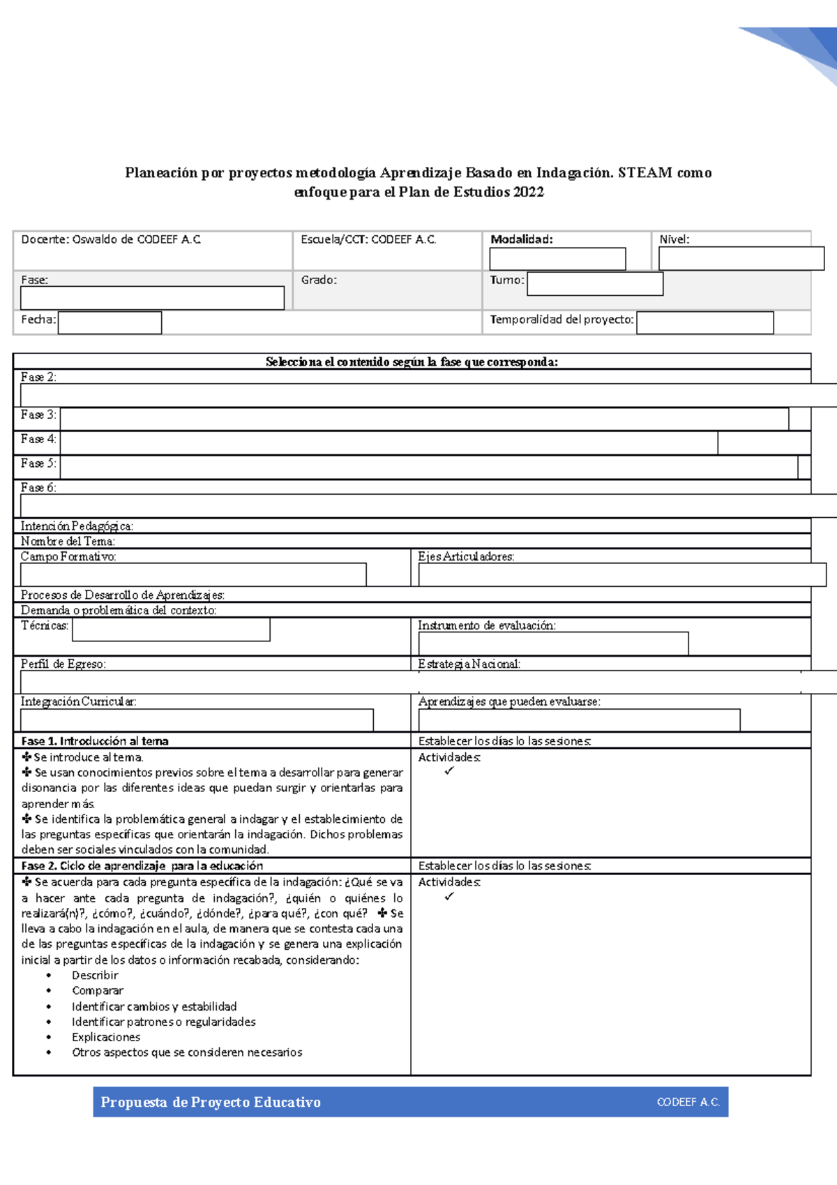 Formato editable para Planeación de Aprendizaje Basado en Indagación: Enfoque STEAM - Studocu