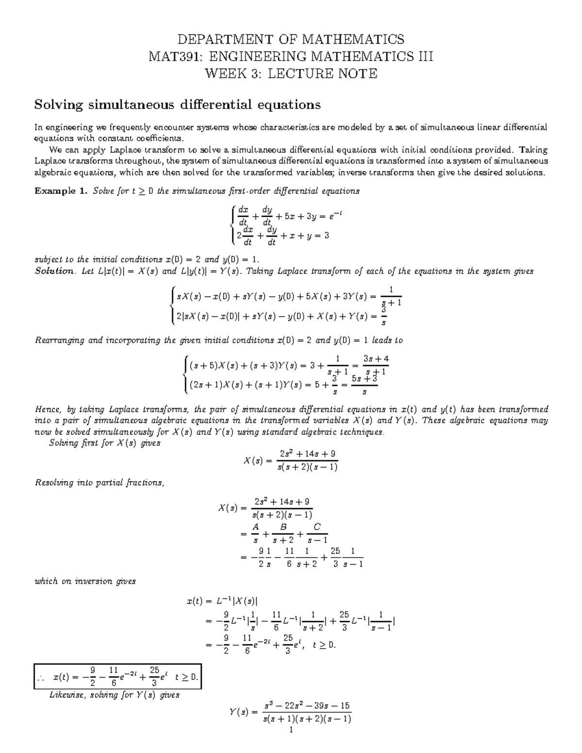 MAT391: Week 3 Lecture Notes on Solving Simultaneous Differential ...
