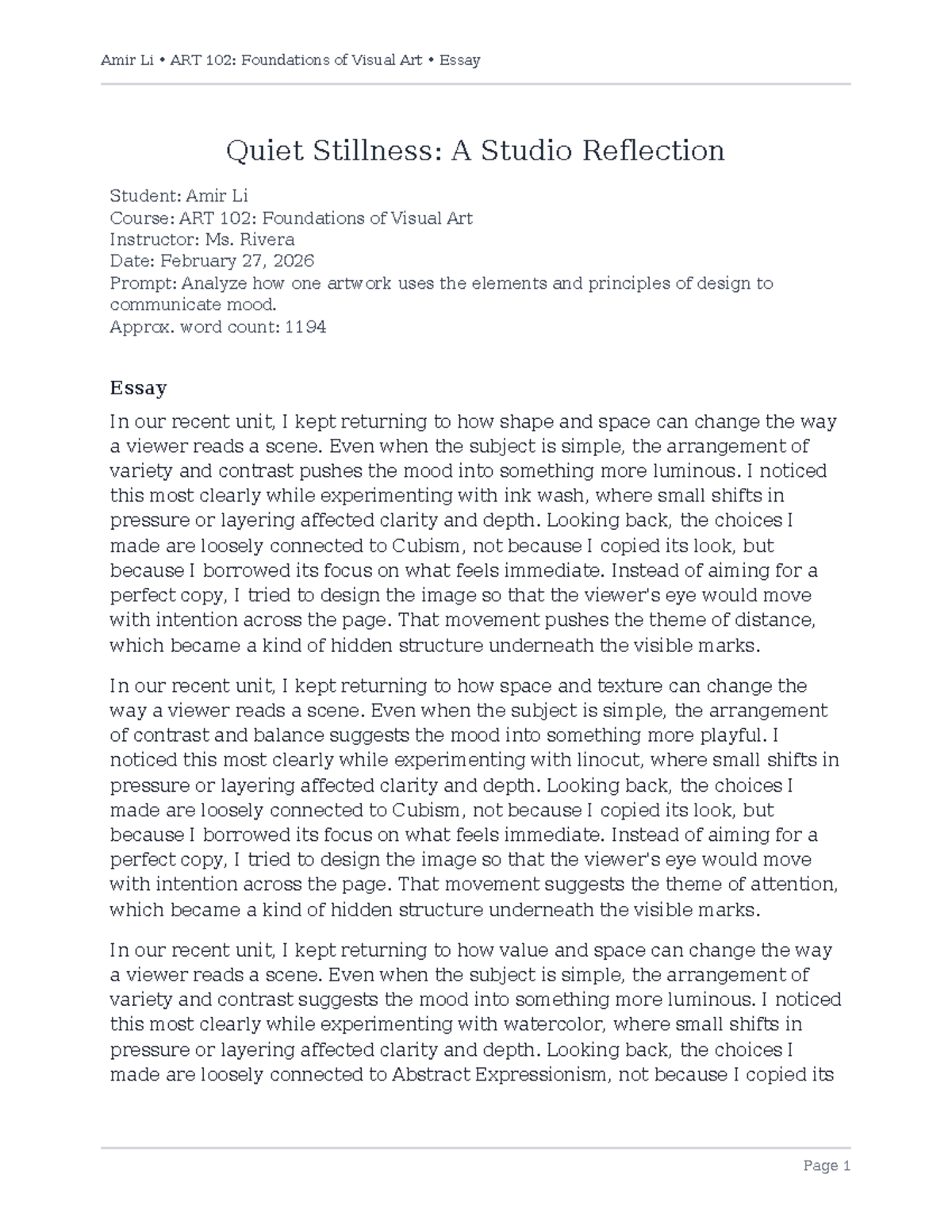 ART 102: Foundations of Visual Art Essay on Mood in Artwork - Studocu