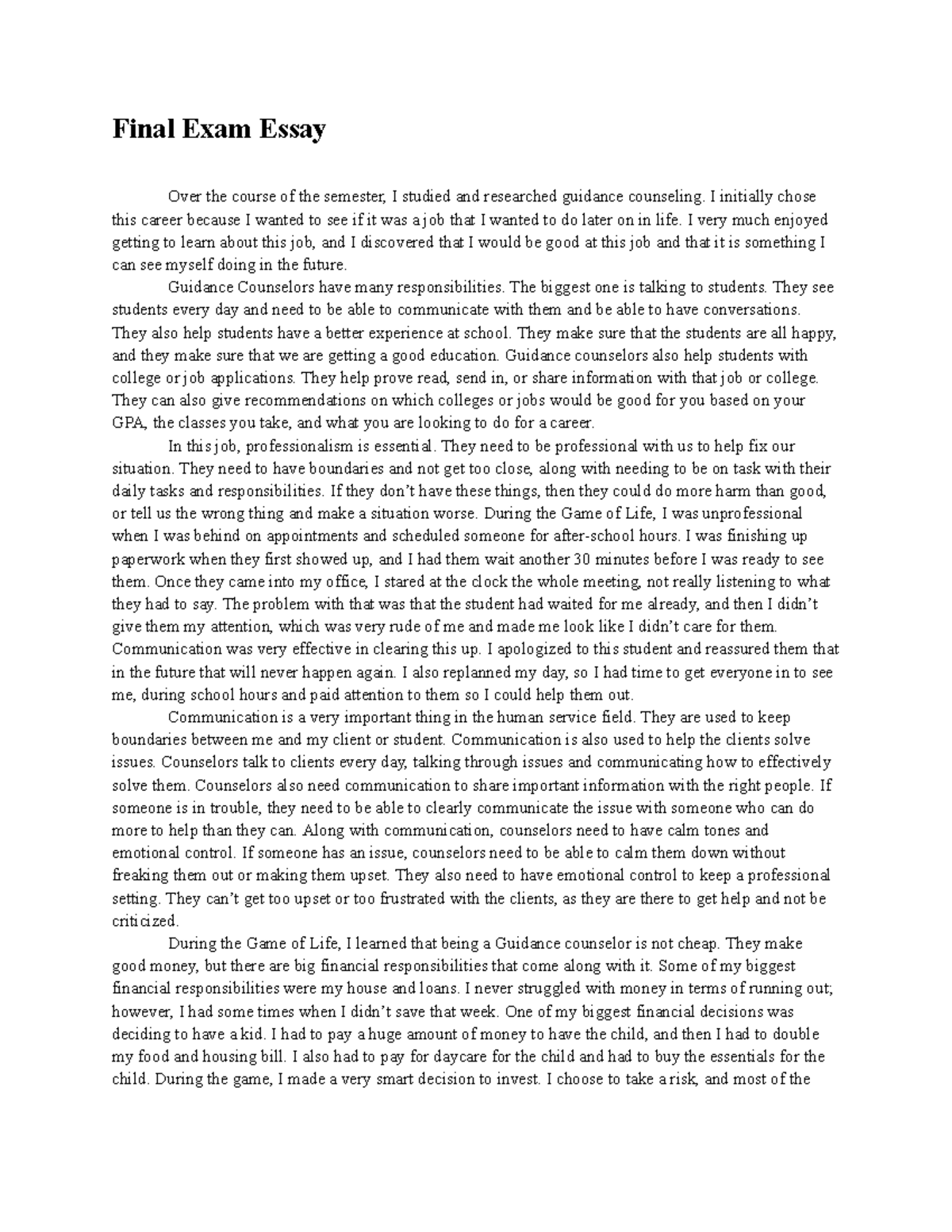 Final Exam Essay: Insights on Guidance Counseling and Professionalism ...