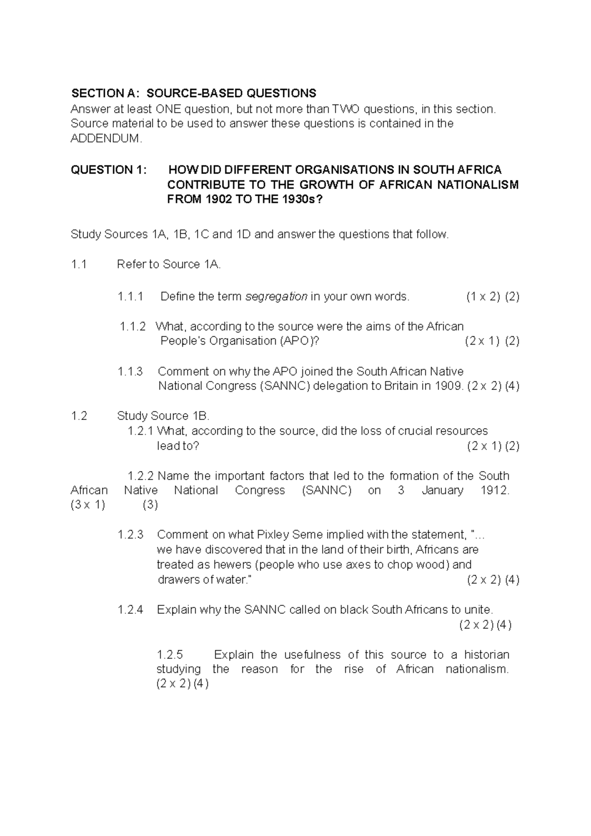Grade 11 Source-Based Questions - African Nationalism Notes - Studocu