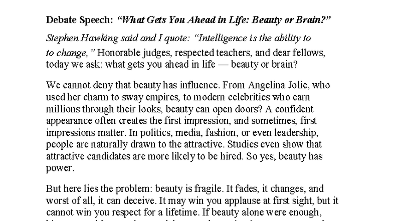 Debate Speech: Beauty vs. Brains - What Gets You Ahead in Life? - Studocu