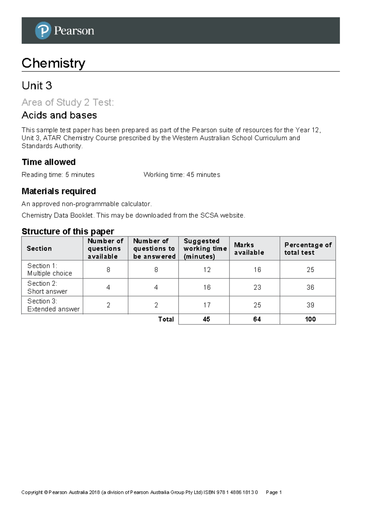 Chemistry Unit 3 Area of Study 2: Acids and Bases Practice Test - Studocu