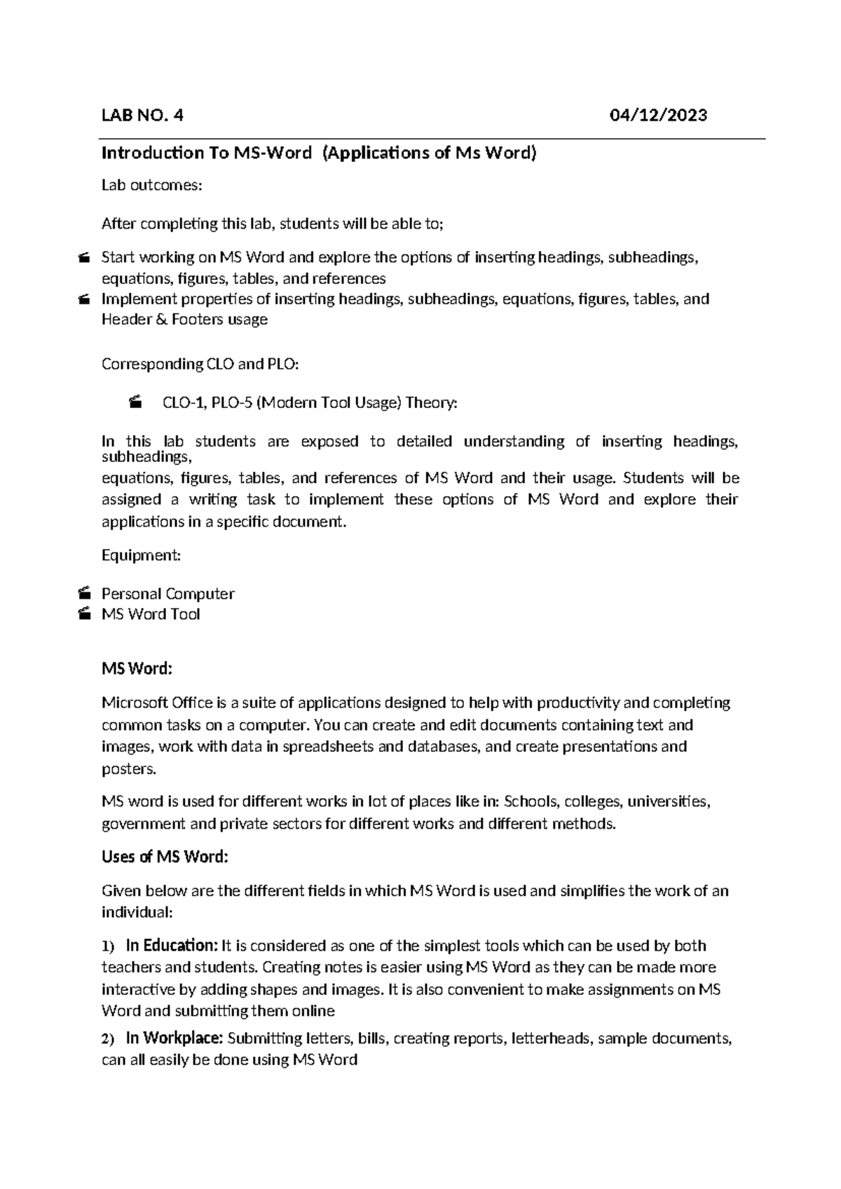 LAB NO 4 - Notes - LAB NO. 4 04/12/ Introduction To MS-Word ...