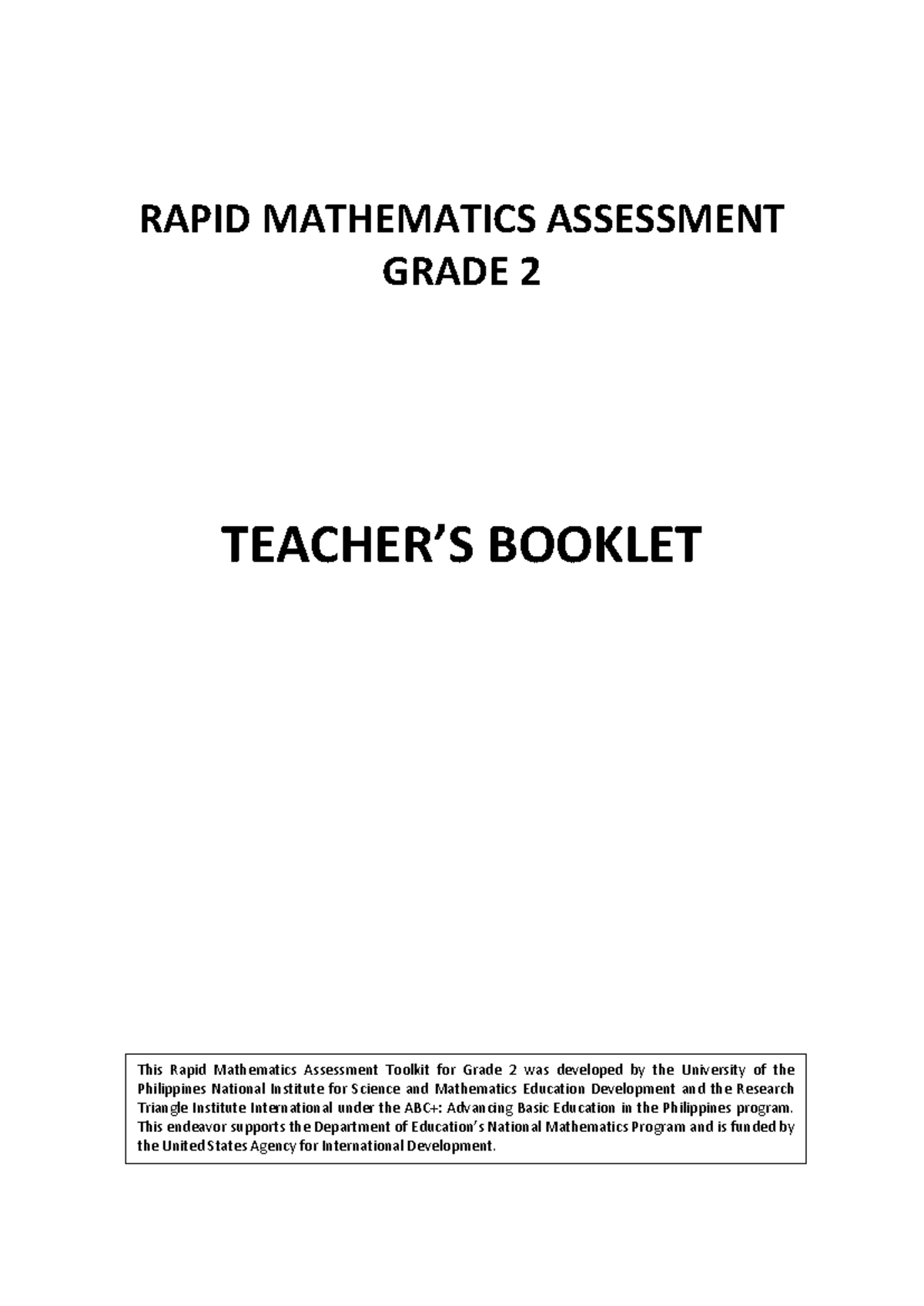 RMA2 Grade 2 Teacher's Booklet for Final Mathematics Assessment - Studocu