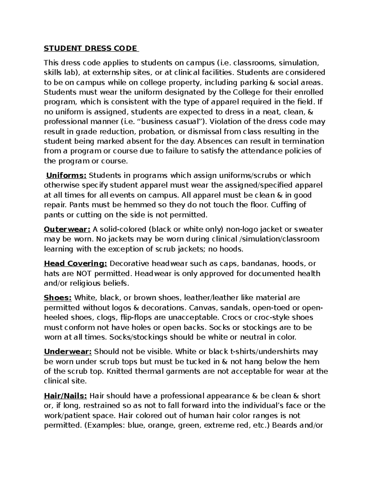 STUDENT DRESS CODE POLICY FOR CAMPUS & CLINICAL SETTINGS - Studocu