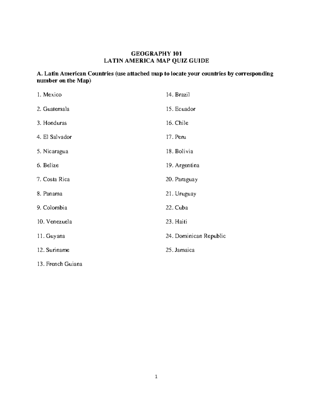 GEOGRAPHY 101 LATIN AMERICA MAP QUIZ STUDY GUIDE - Studocu