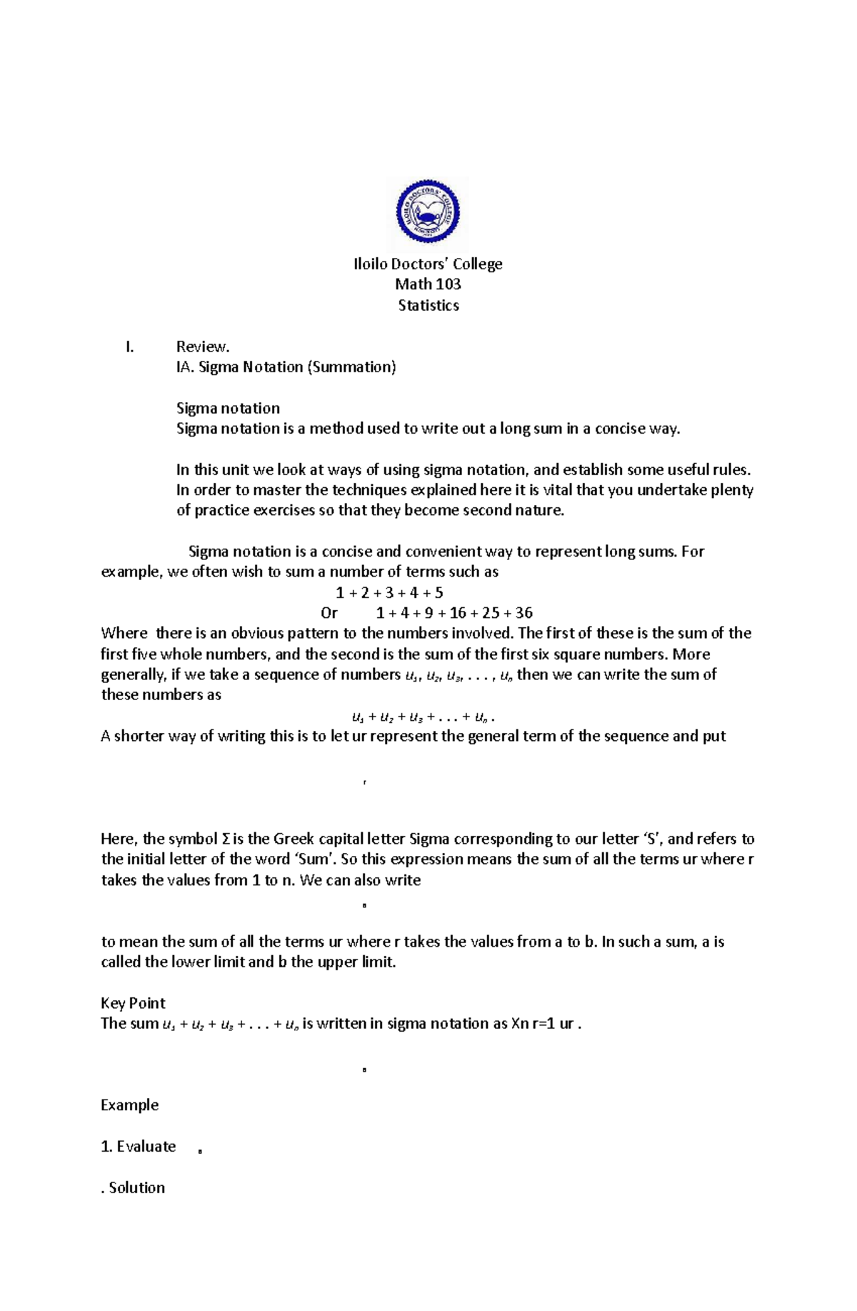 Iloilo College Math 103: Statistics I Review - Sigma Notation ...