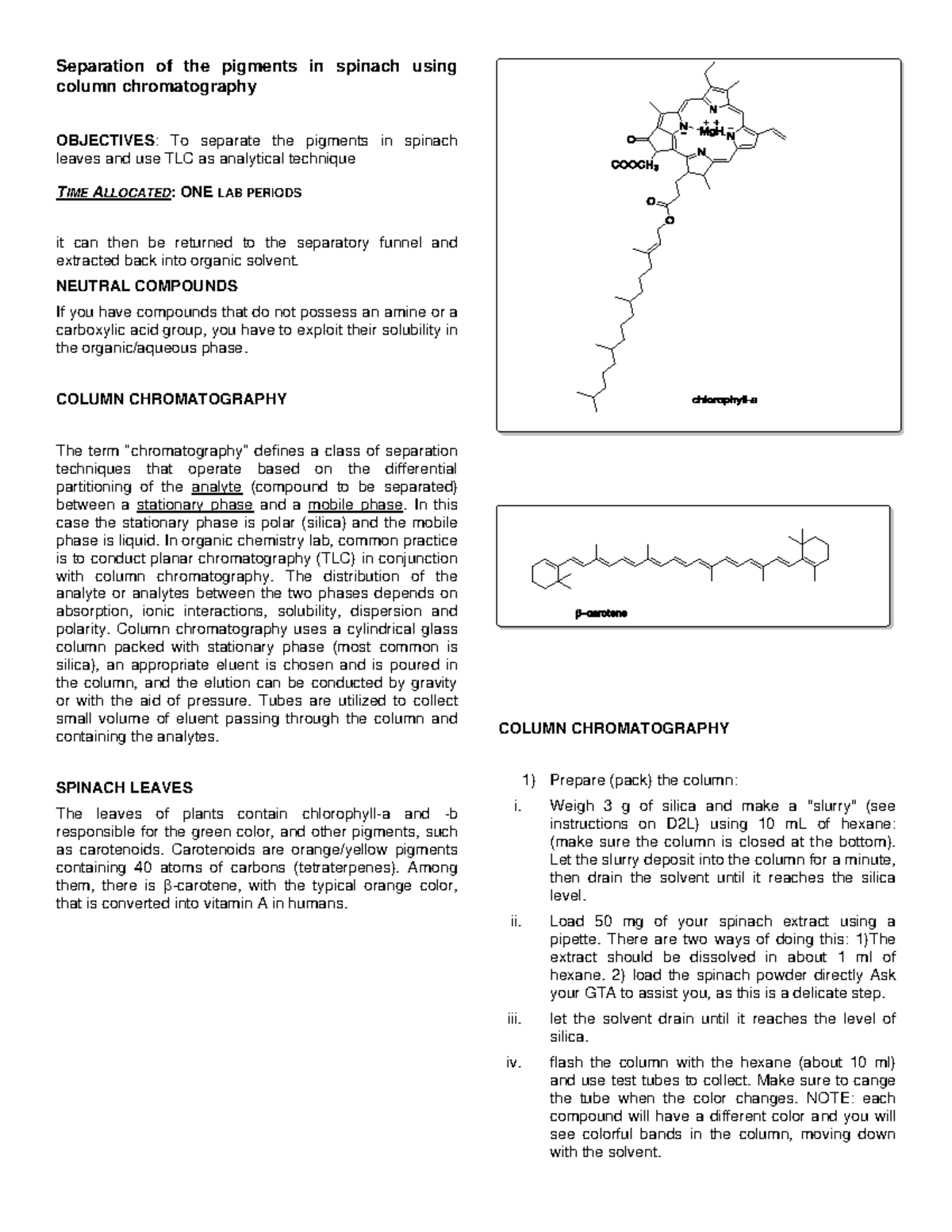 Separation of Spinach Pigments via Column Chromatography Lab Report ...