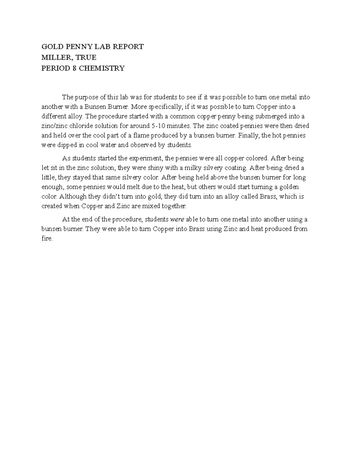 CHEM 8 Gold Penny Lab Report: Transforming Copper to Brass - Studocu
