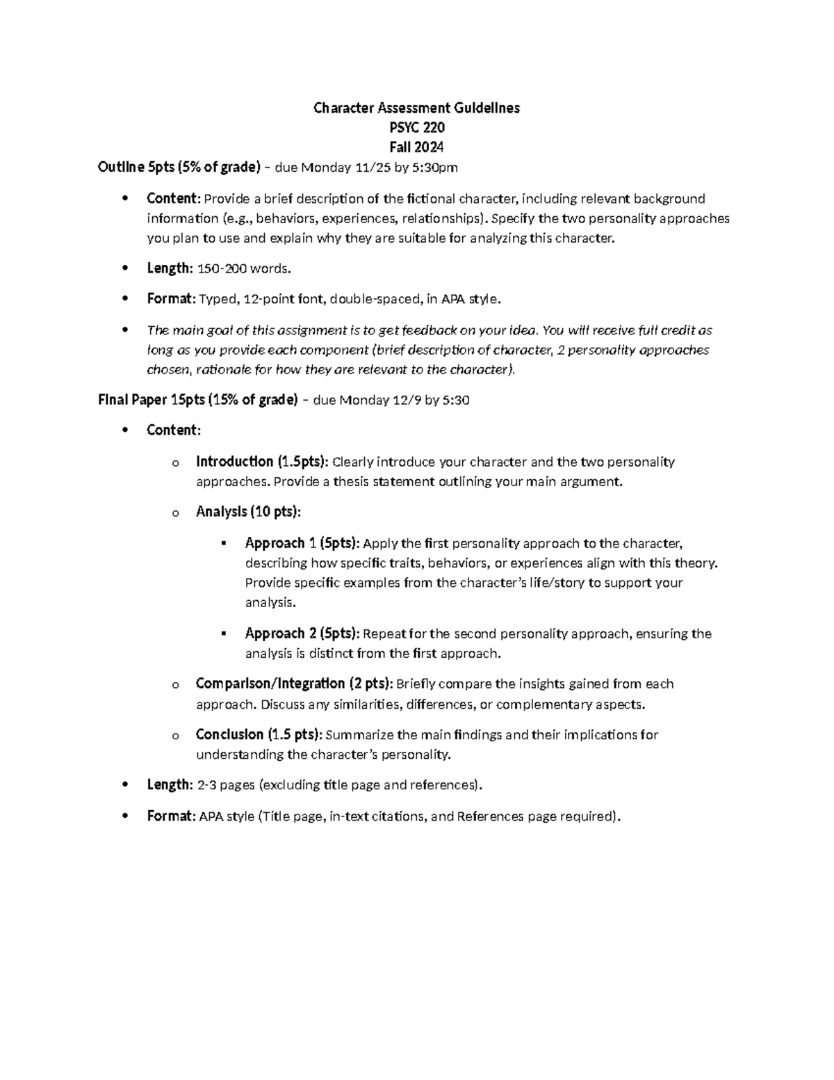 Character Assessment Rubric for PSYC 220 Final Paper - Studocu