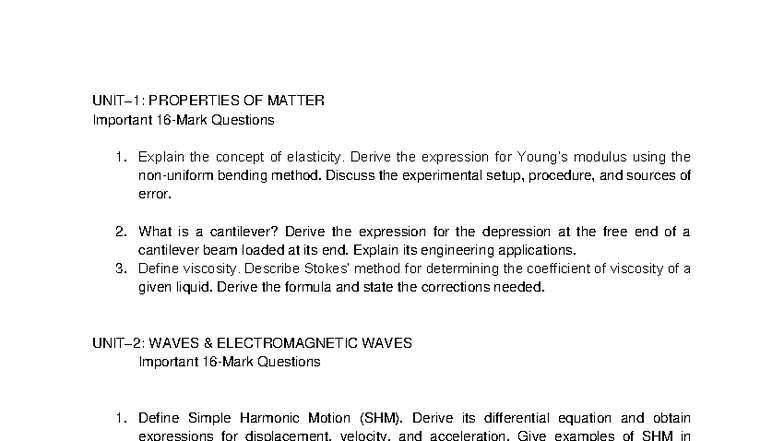 Properties of Matter & Waves: Important Questions for 16 Marks - Studocu