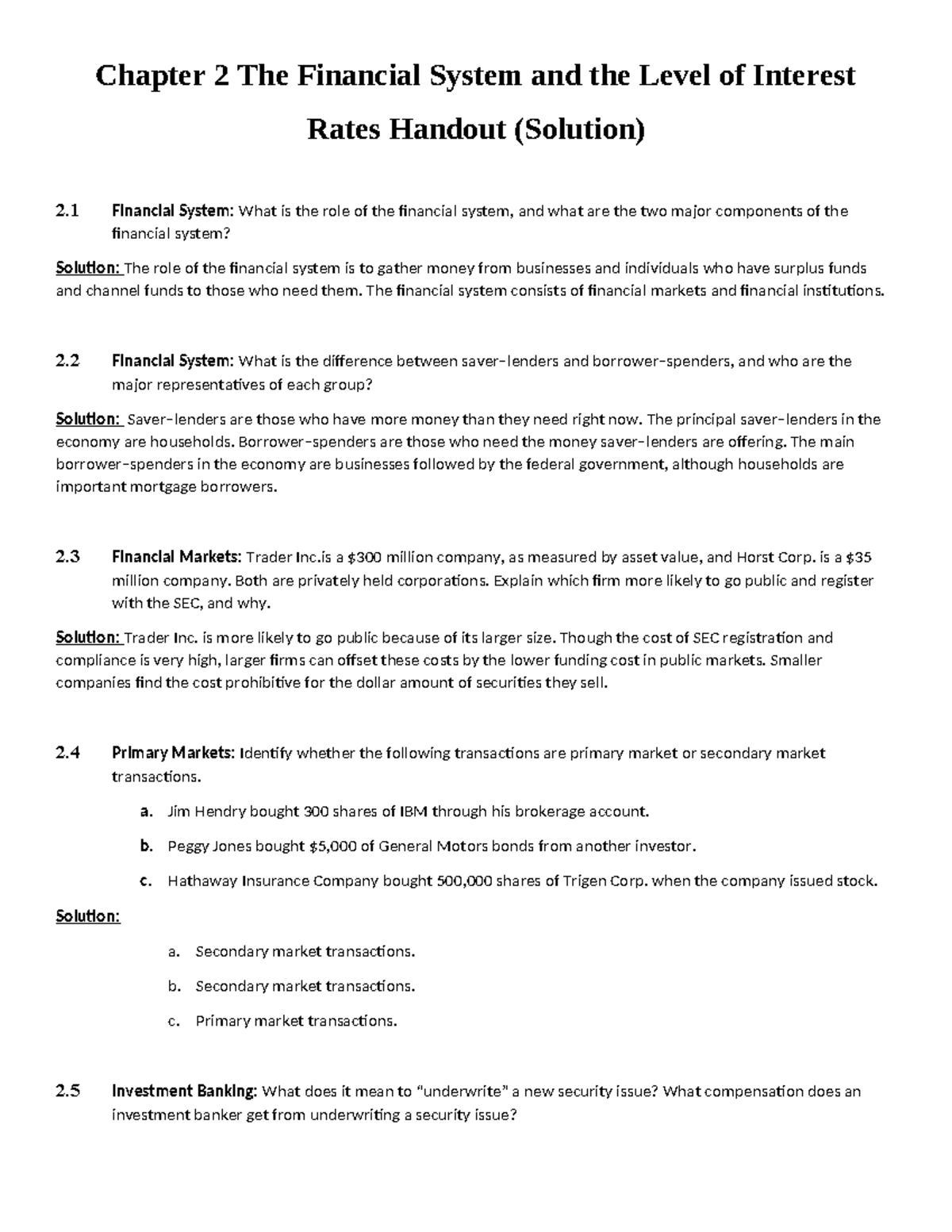 Chapter 2: The Financial System & Interest Rates Handout (Solutions ...