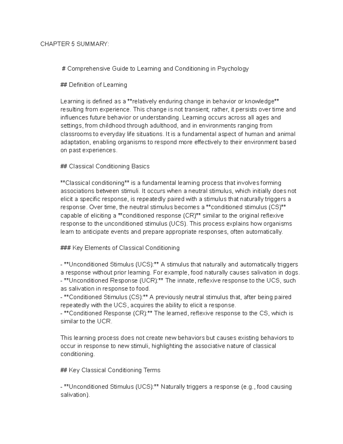 CHAPTER 5 SUMMARY: Learning and Conditioning in Psychology - Studocu