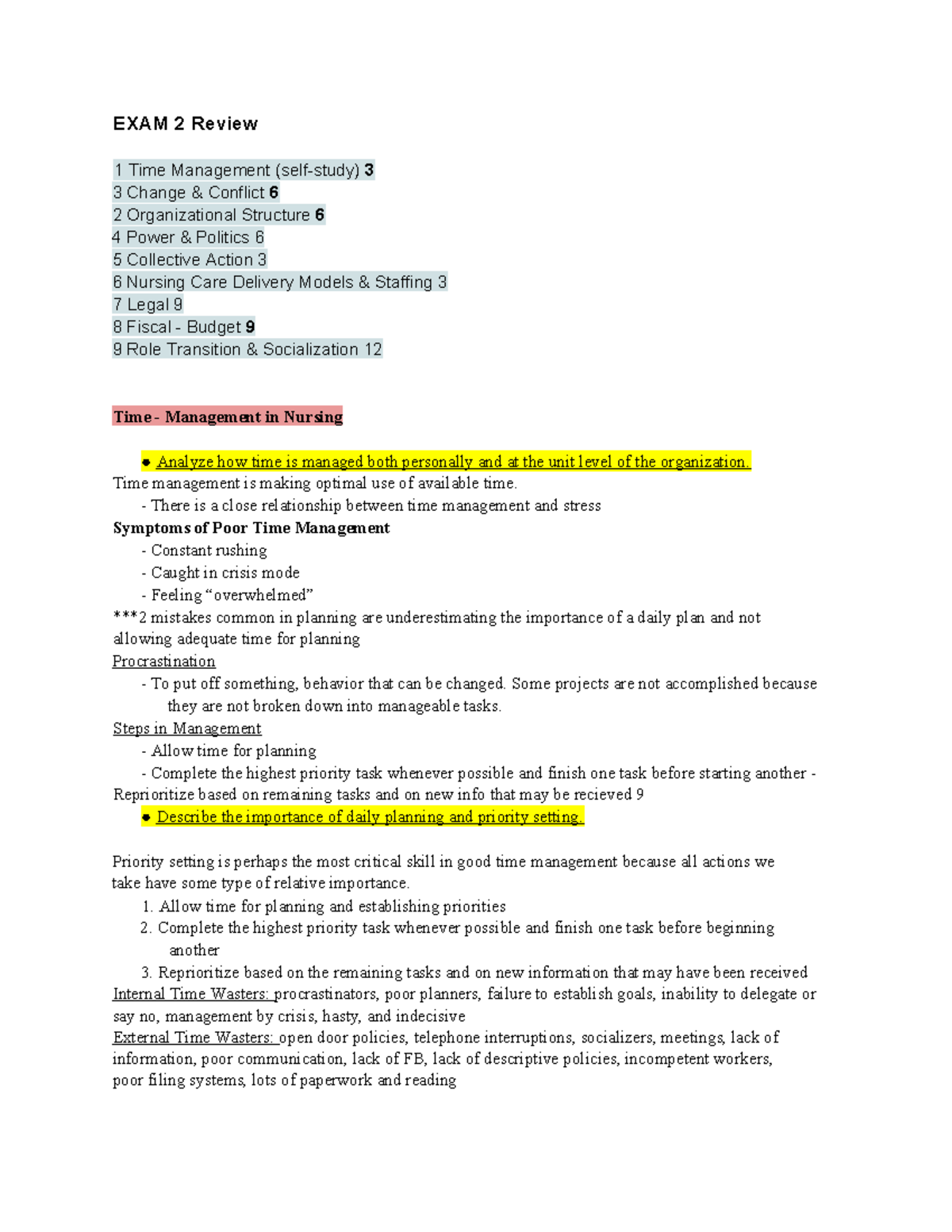 Leadership Exam 2 Study Guide: Time Management, Change, and Conflict in ...