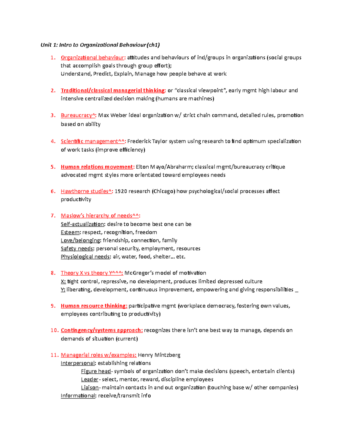 W1 notes - Unit 1: Intro to Organizational Behaviour (ch1 ...