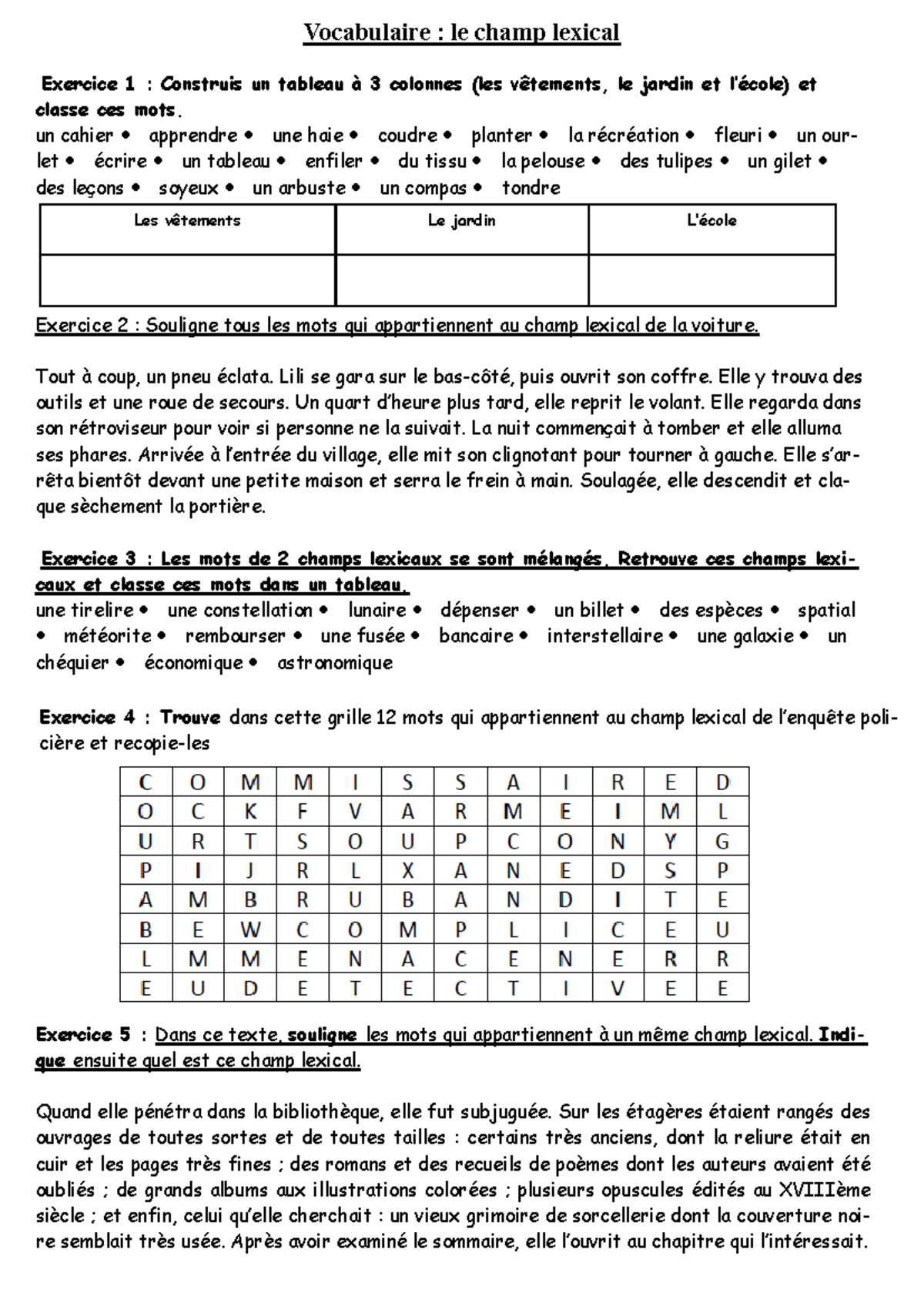 Exercices sur le Champ Lexical - CM1B - Studocu