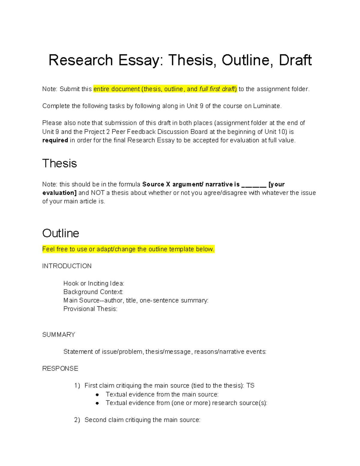 Research Essay Draft Template: Thesis, Outline, and Notes - Studocu