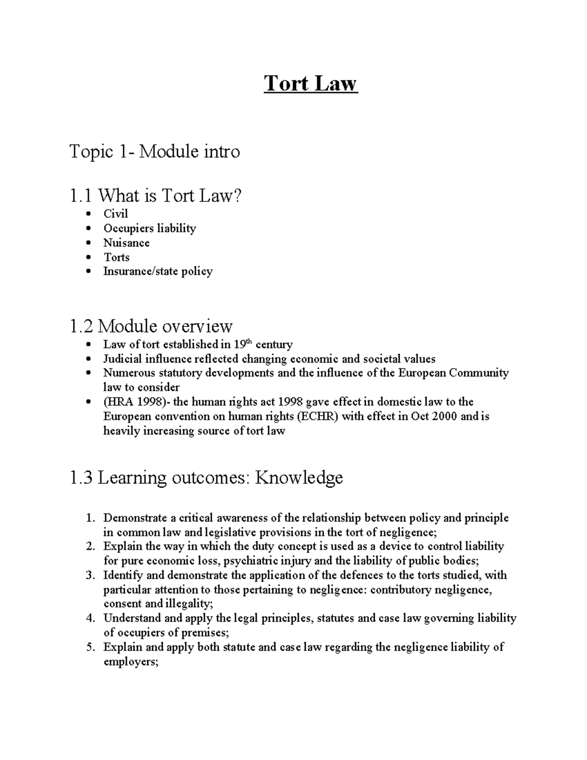 Tort Law 2025: Comprehensive Module Overview and Key Concepts - Studocu