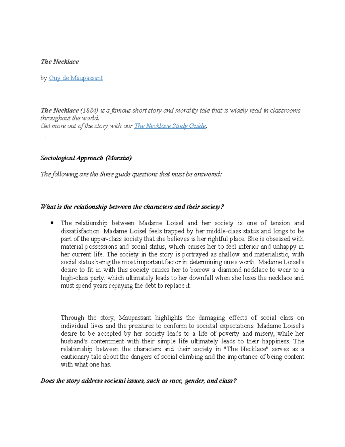 ENG-102: The Necklace - Comprehensive Guide Q&A Analysis - Studocu