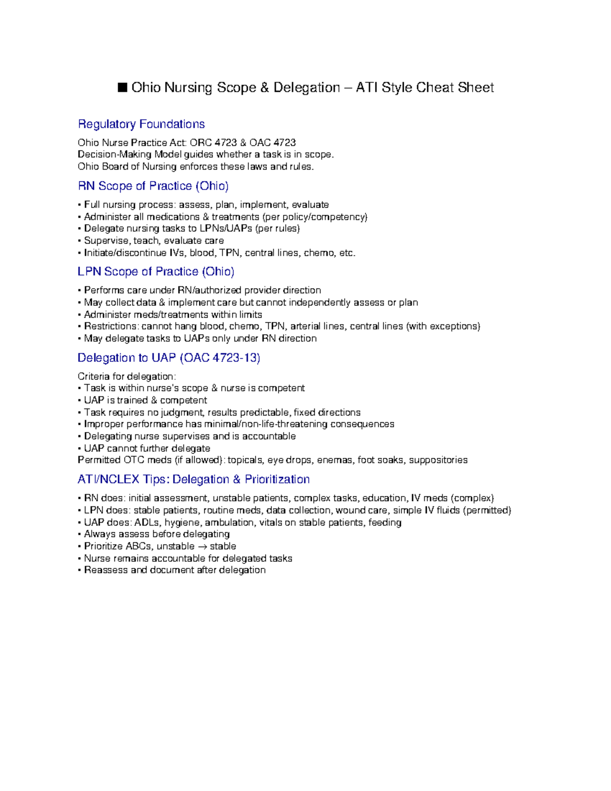 Ohio Nursing Scope & Delegation Cheat Sheet – ATI/NCLEX Guide - Studocu