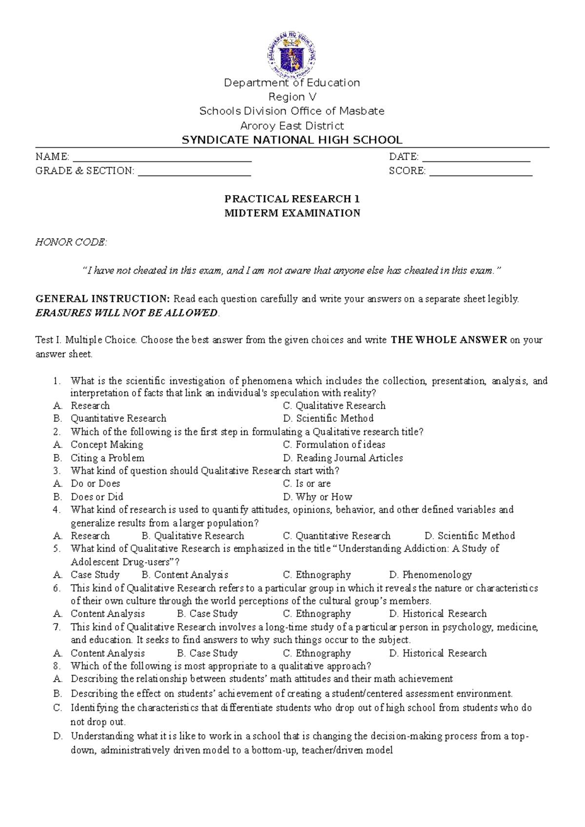 PR1 Midterm Exam: Practical Research 1 Questions and Instructions - Studocu