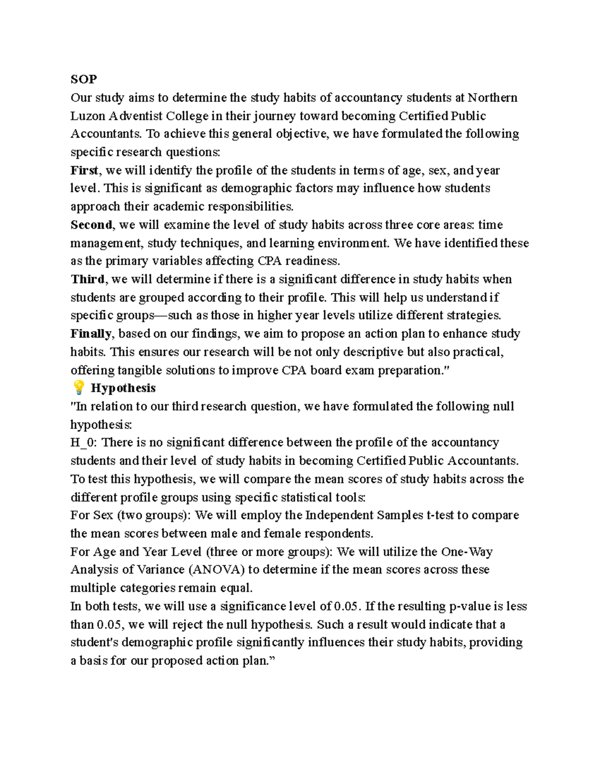 SOP: Study Habits of Accountancy Students at NLAC for CPA Readiness ...