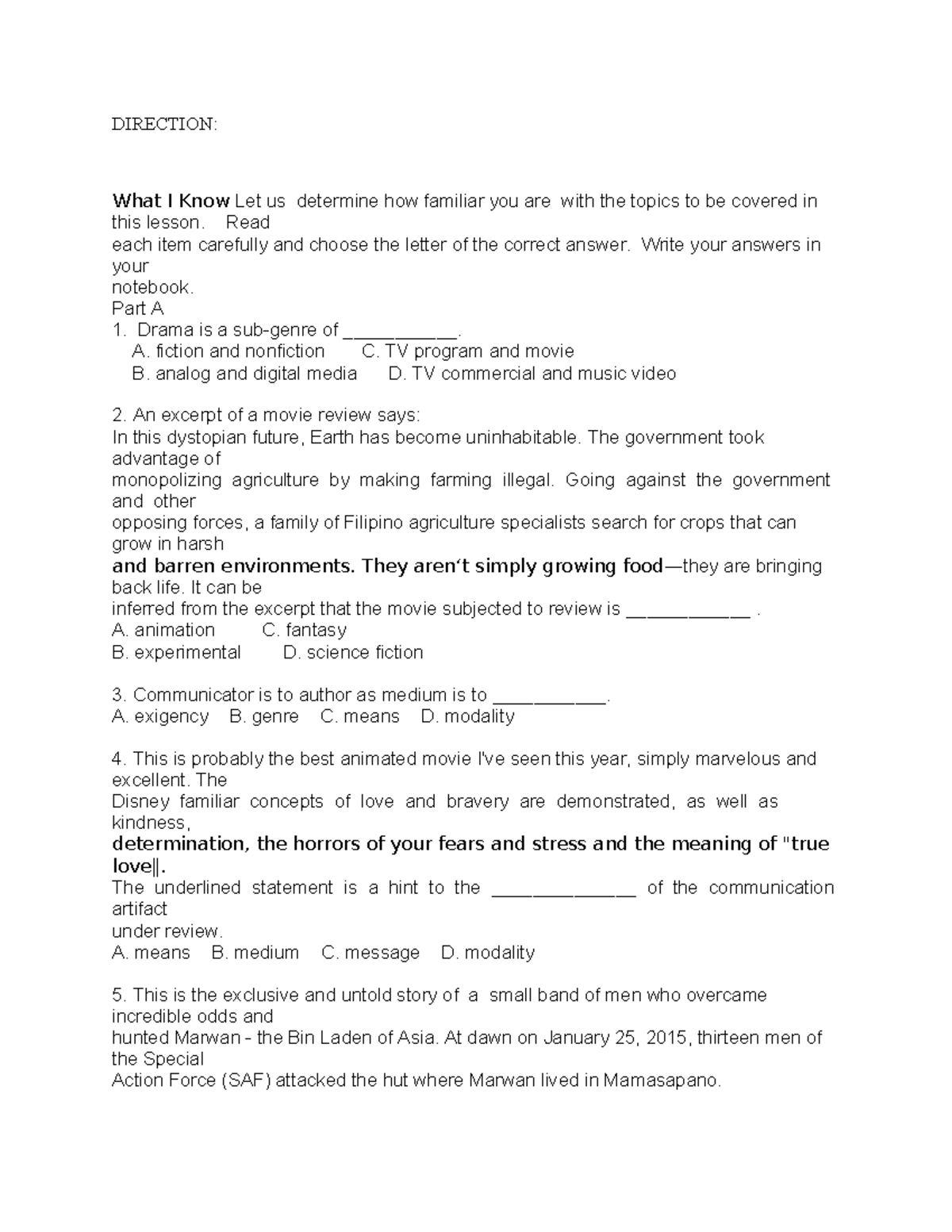 DIRECTION: Lesson Familiarity Assessment for Essay Writing - Studocu