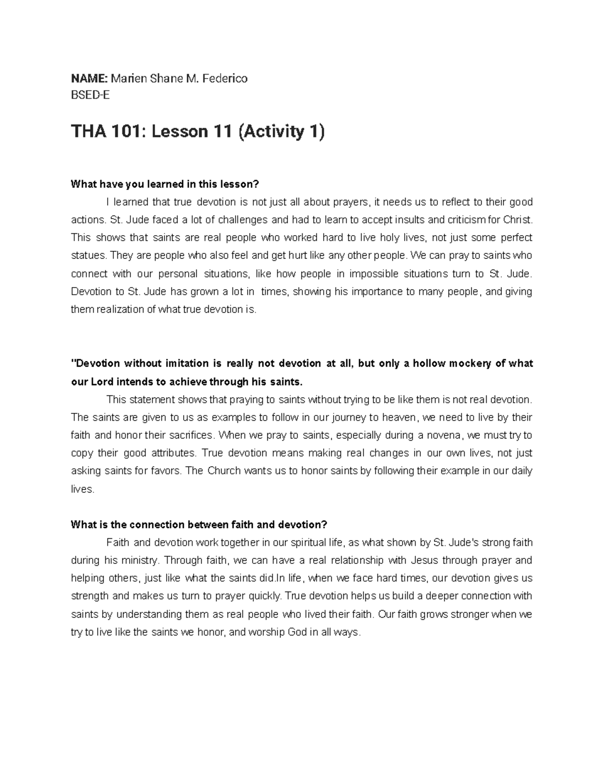 BSED-E THA 101: Insights from Lesson 11 on Faith and Devotion - Studocu