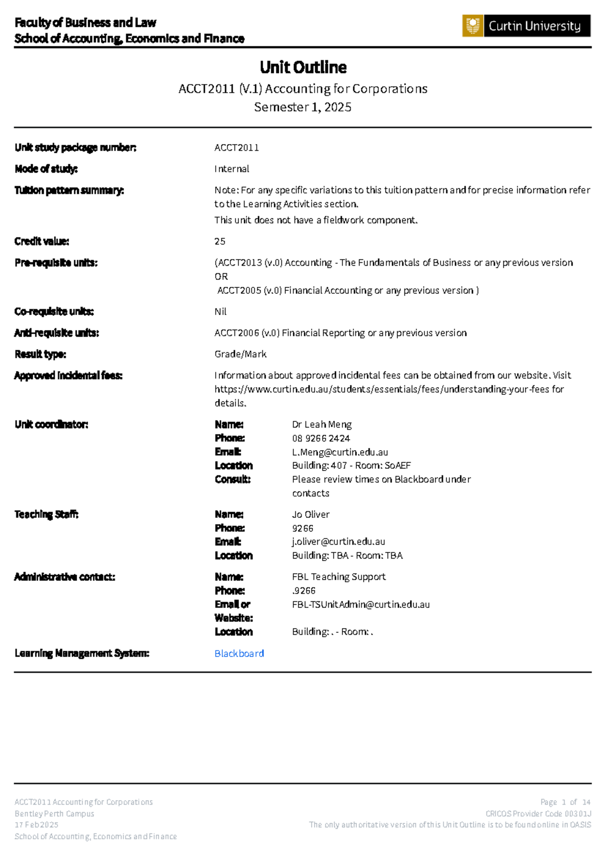 ACCT2011 Unit Outline: Accounting for Corporations - Semester 1, 2025 ...