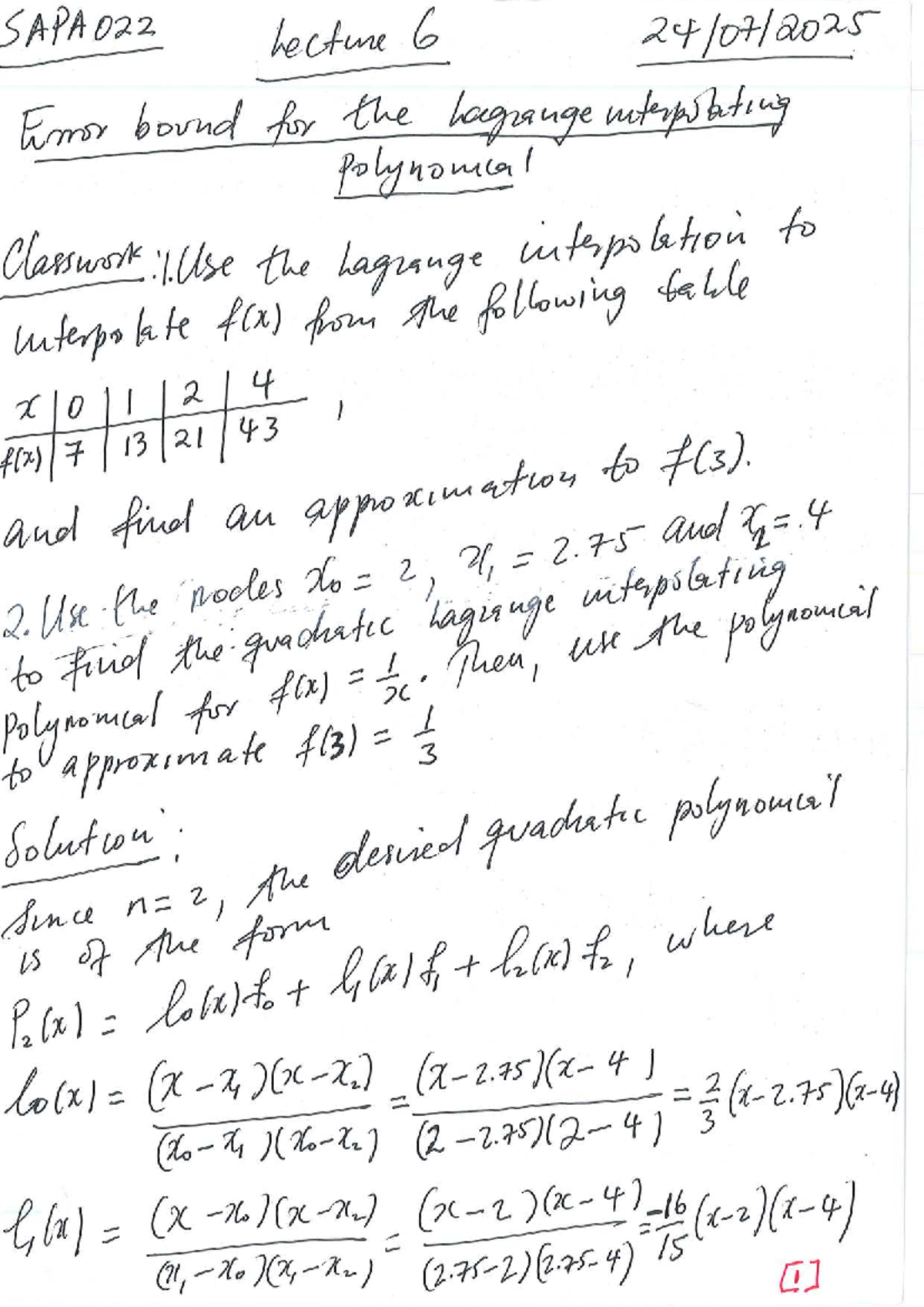 SAPA022 Lecture 6 - Lagrange Interpolation and Error Bounds Notes - Studocu