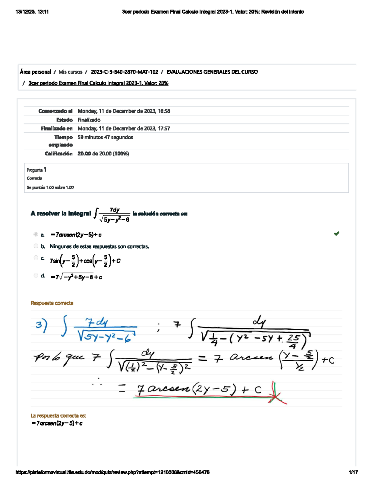 3cer Periodo Examen Final de Cálculo Integral 2023-1: Revisión Completa - Studocu