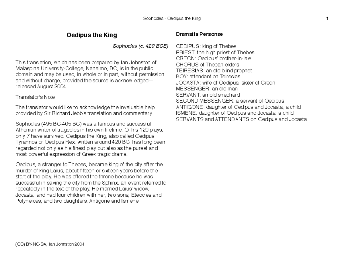 Oedipus the King - Sophocles: Detailed Reading Guide - Studocu
