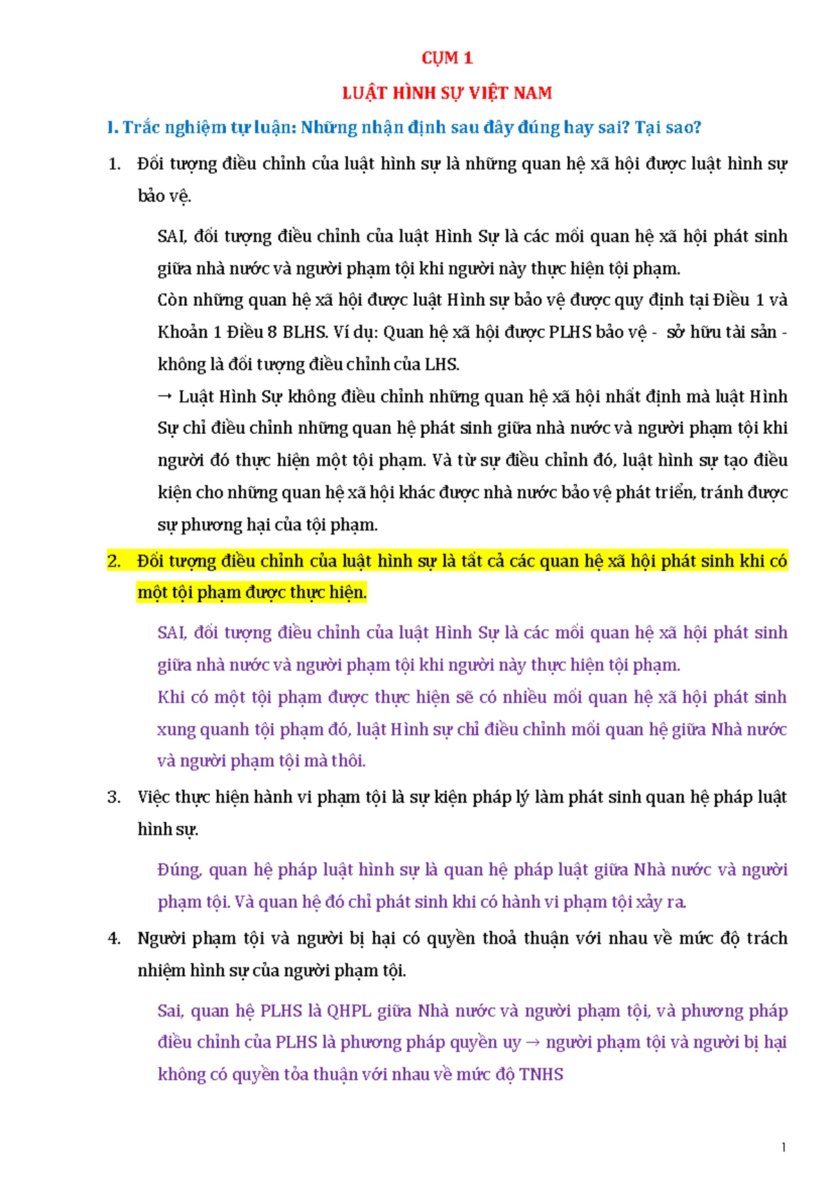 BT LHS có đáp án 2 - Đề kiểm tra và đáp áp Luật Hình sự 2 - CỤM 1 LUẬT HÌNH SỰ VIỆT NAM I. Trắc ...