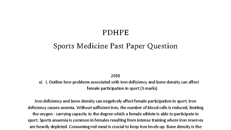 PDHPE Sports Medicine Past Paper Q&A 2010 - Studocu