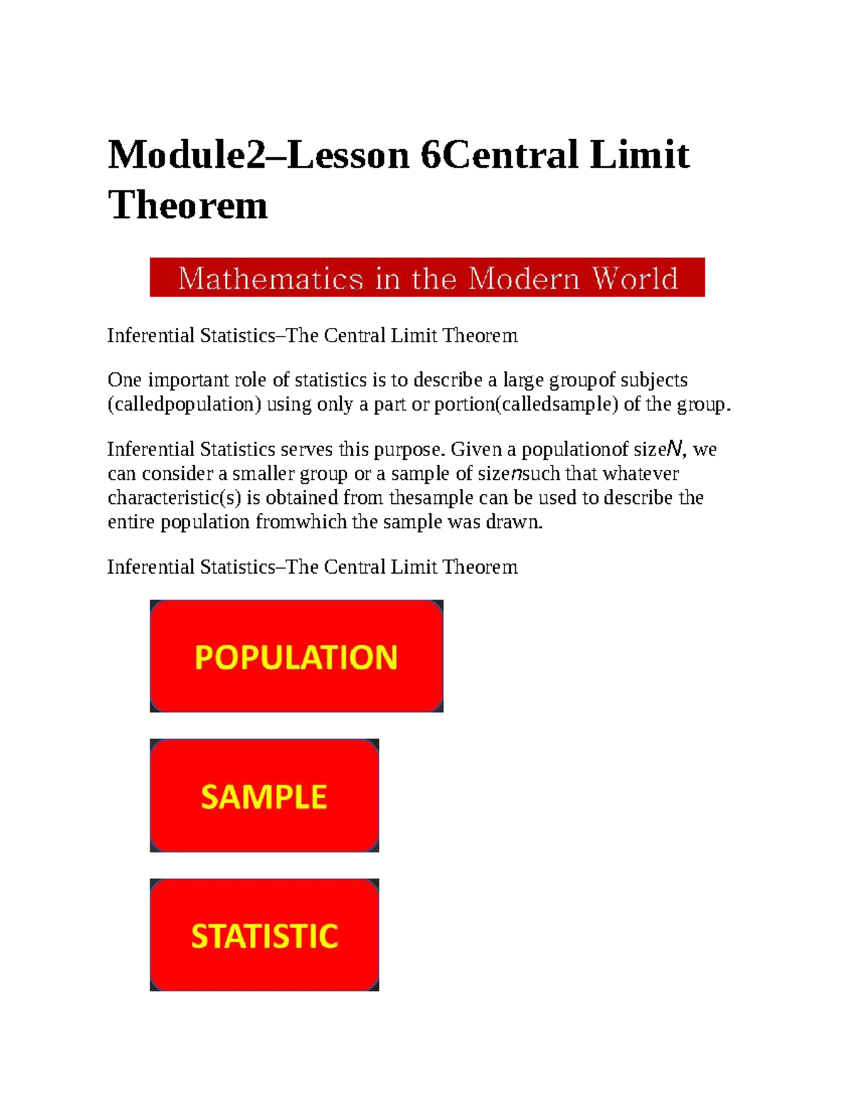 Module 2 Lesson 6: Understanding the Central Limit Theorem - Studocu