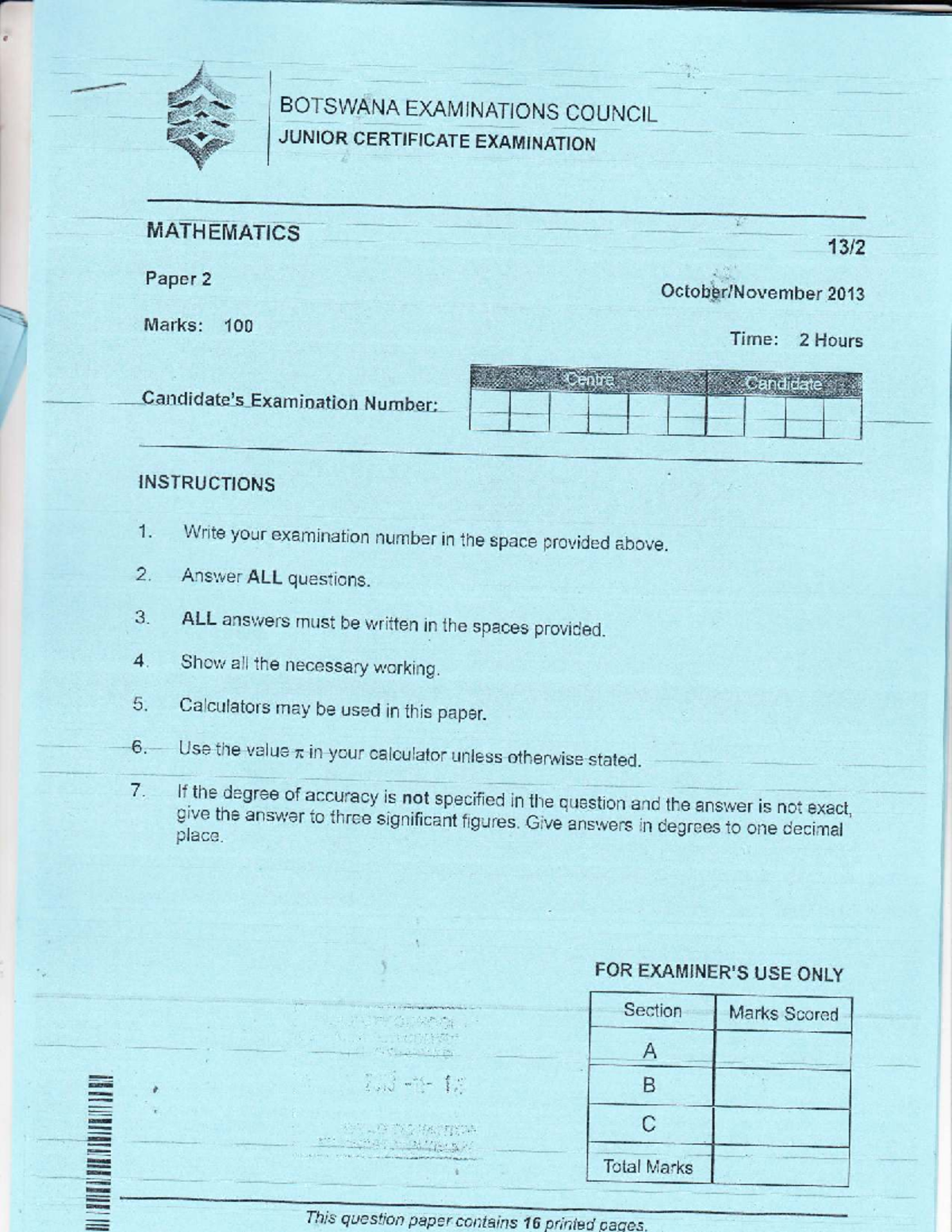 JCE 2013 Mathematics Exam Paper 2 - BOTSWANA 13 - HRTR6XJ - Studocu