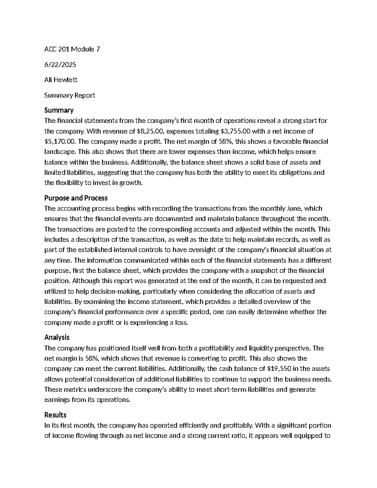 ACC 201 Module 7 Financial Performance Summary Report - Studocu